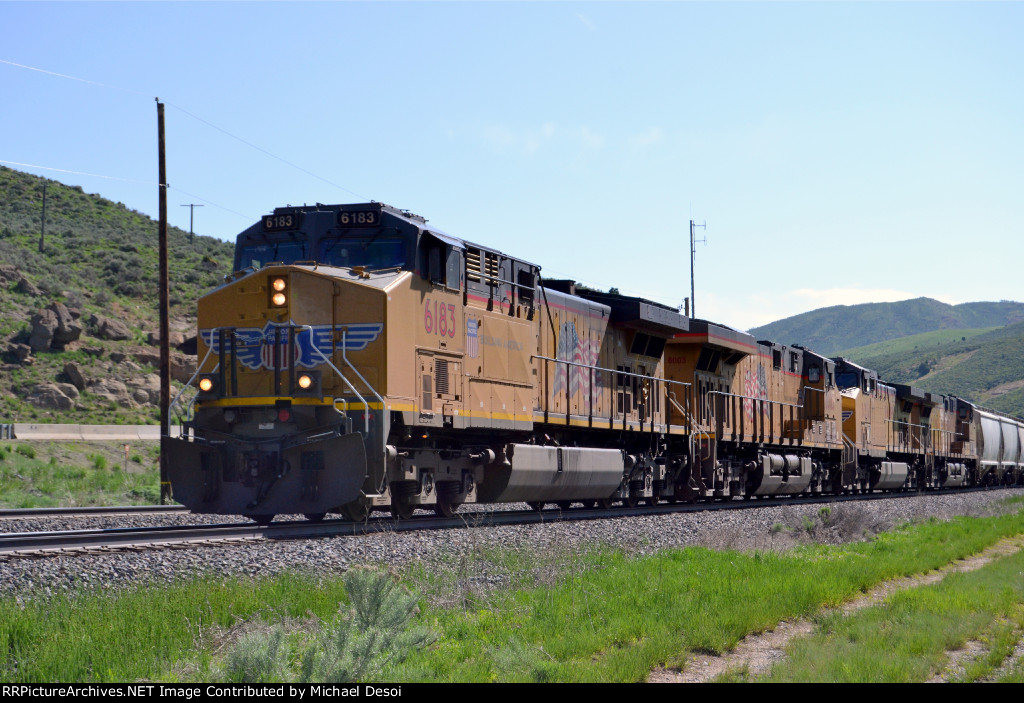 UP 6183, 8003, 6314, ? (AC4400CW, ES44AC, AC4400CW, AC4400CW {or whatever UP calls them} lead a ...